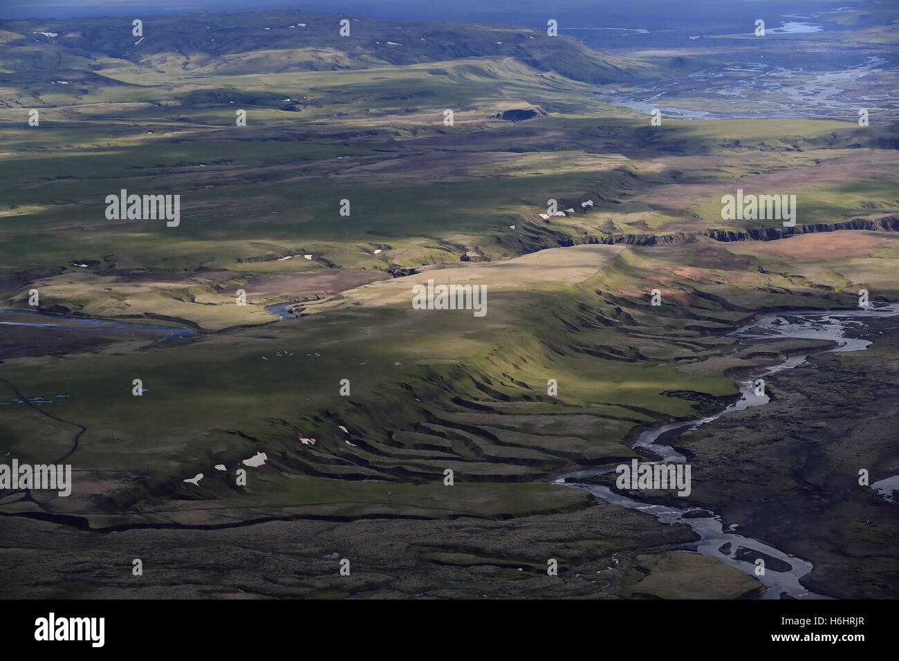 Aerial photo of rivers and lakes, mountain in the highlands of Iceland ...