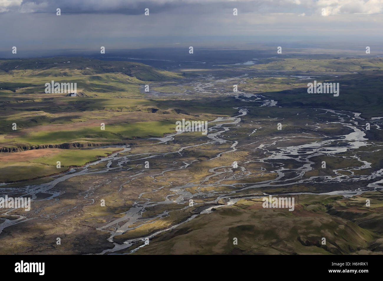 Aerial photo of rivers and lakes, mountain in the highlands of Iceland ...