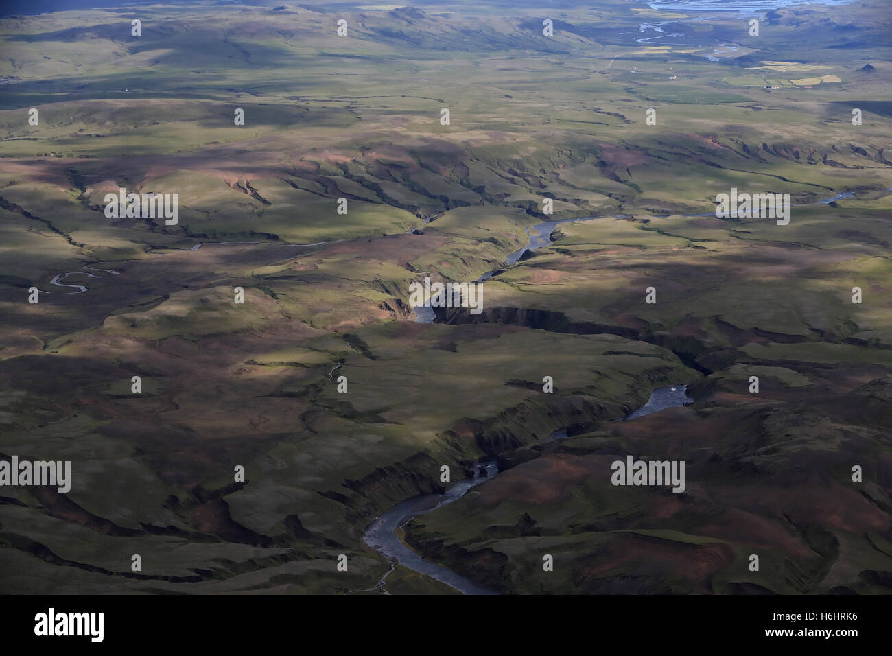 Aerial photo of rivers and lakes, mountain in the highlands of Iceland ...