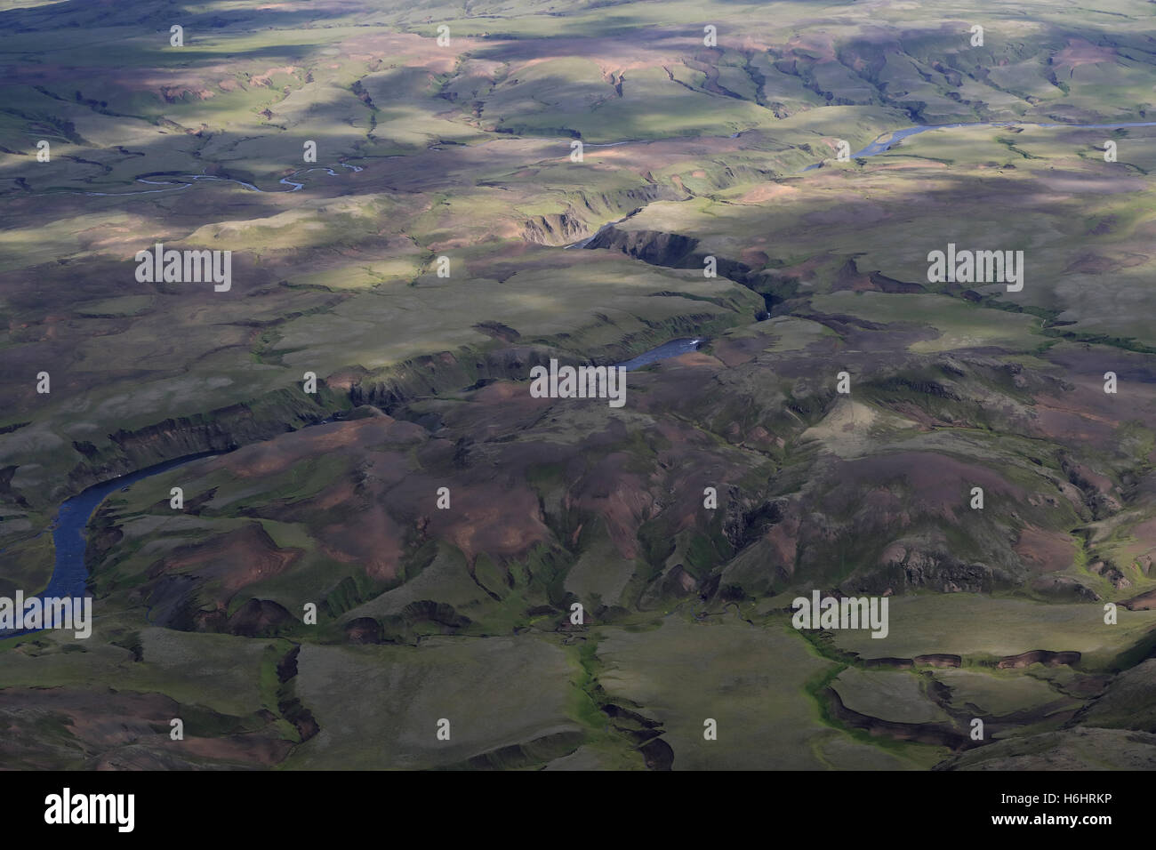 Aerial photo of rivers and lakes, mountain in the highlands of Iceland ...