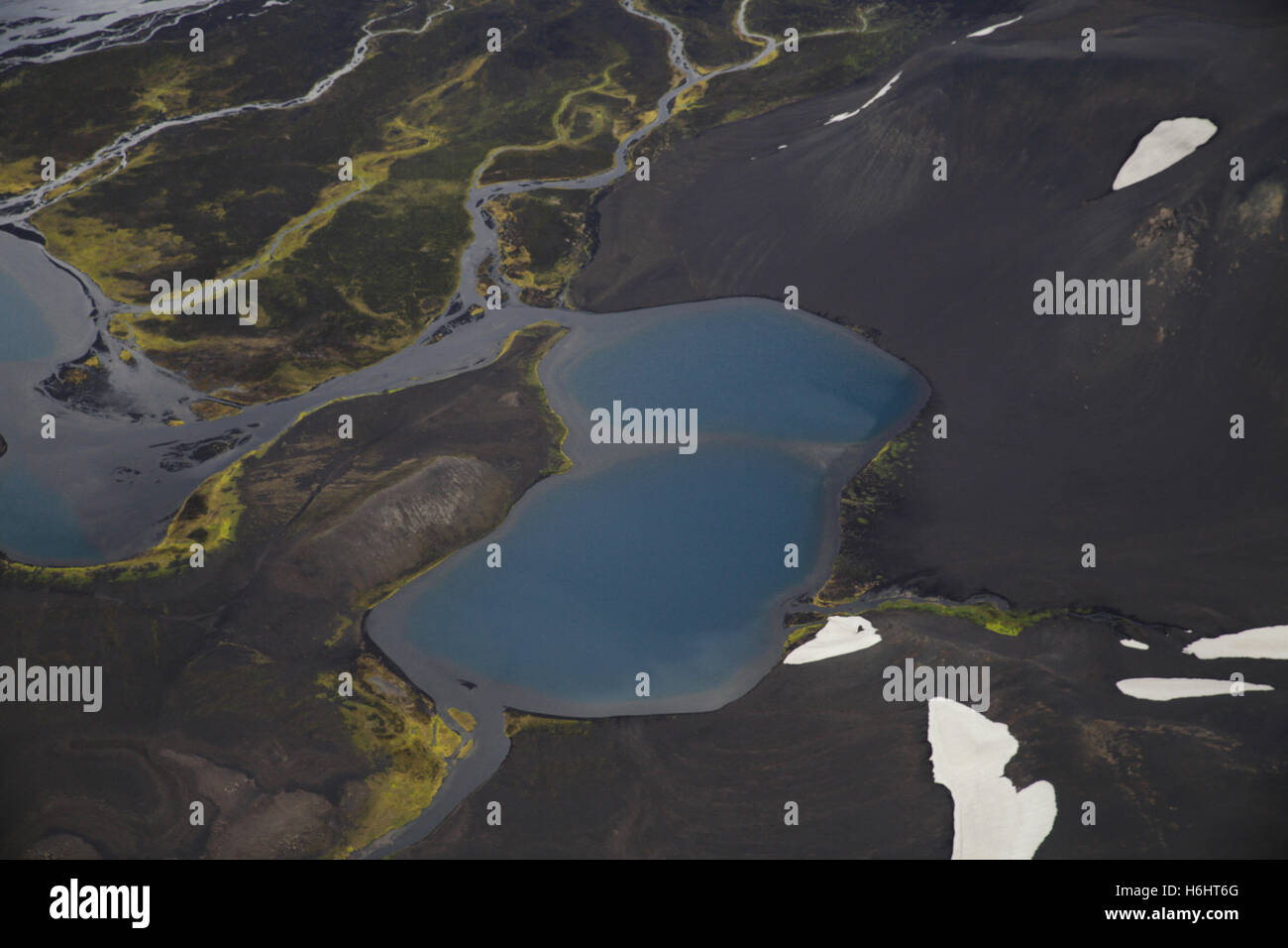 Aerial photo of rivers and lakes, mountain in the highlands of Iceland ...
