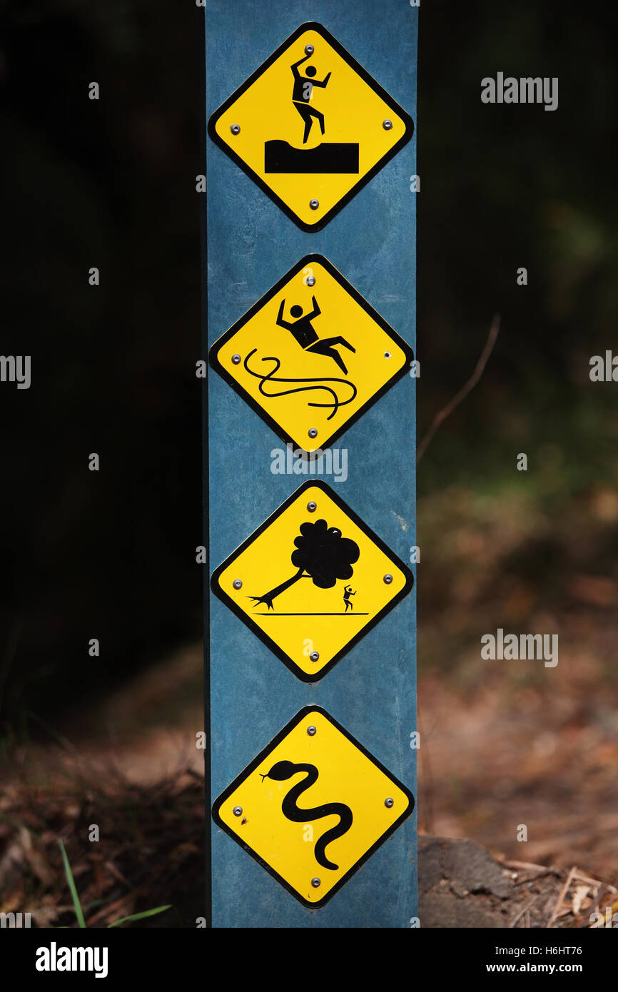 Multiple hazard warnings in national park. Victoria, Australia Stock ...
