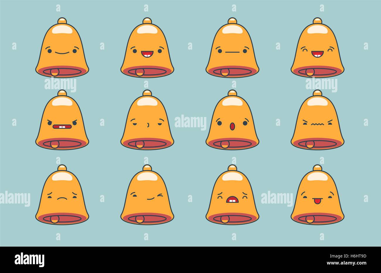 Set of vector kawaii christmas bell emoticons. Isolated on light pale ...