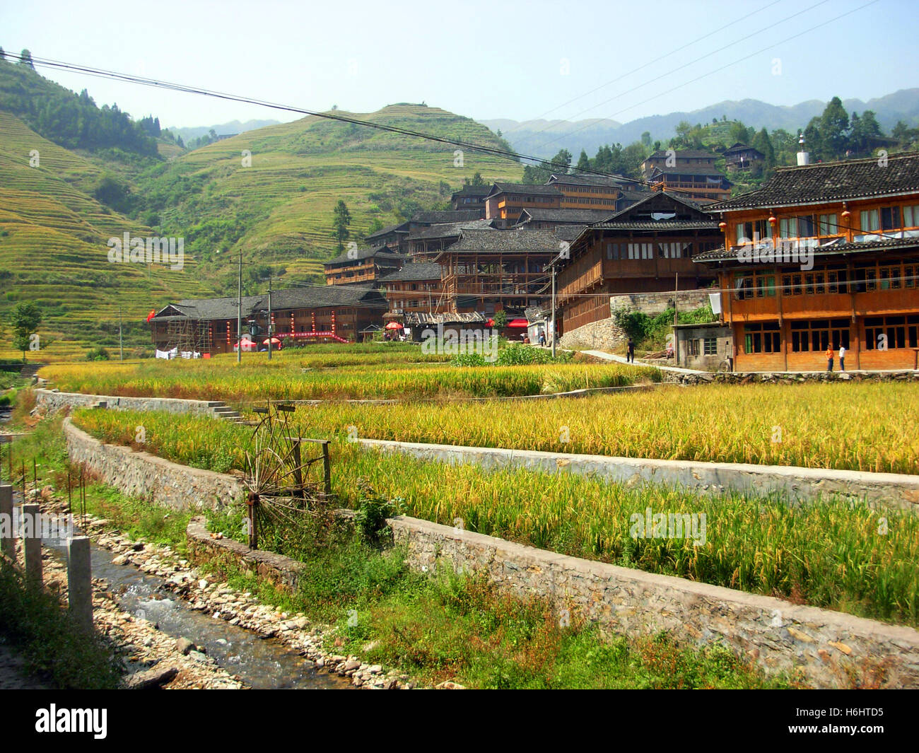 Wooden houses inside Dazhai traditional village, Guilin, Guangxi ...