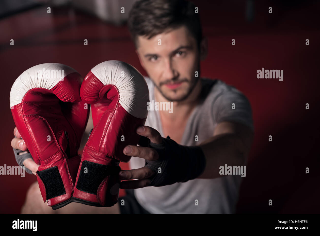 Top view of man holding boxing gloves Stock Photo - Alamy
