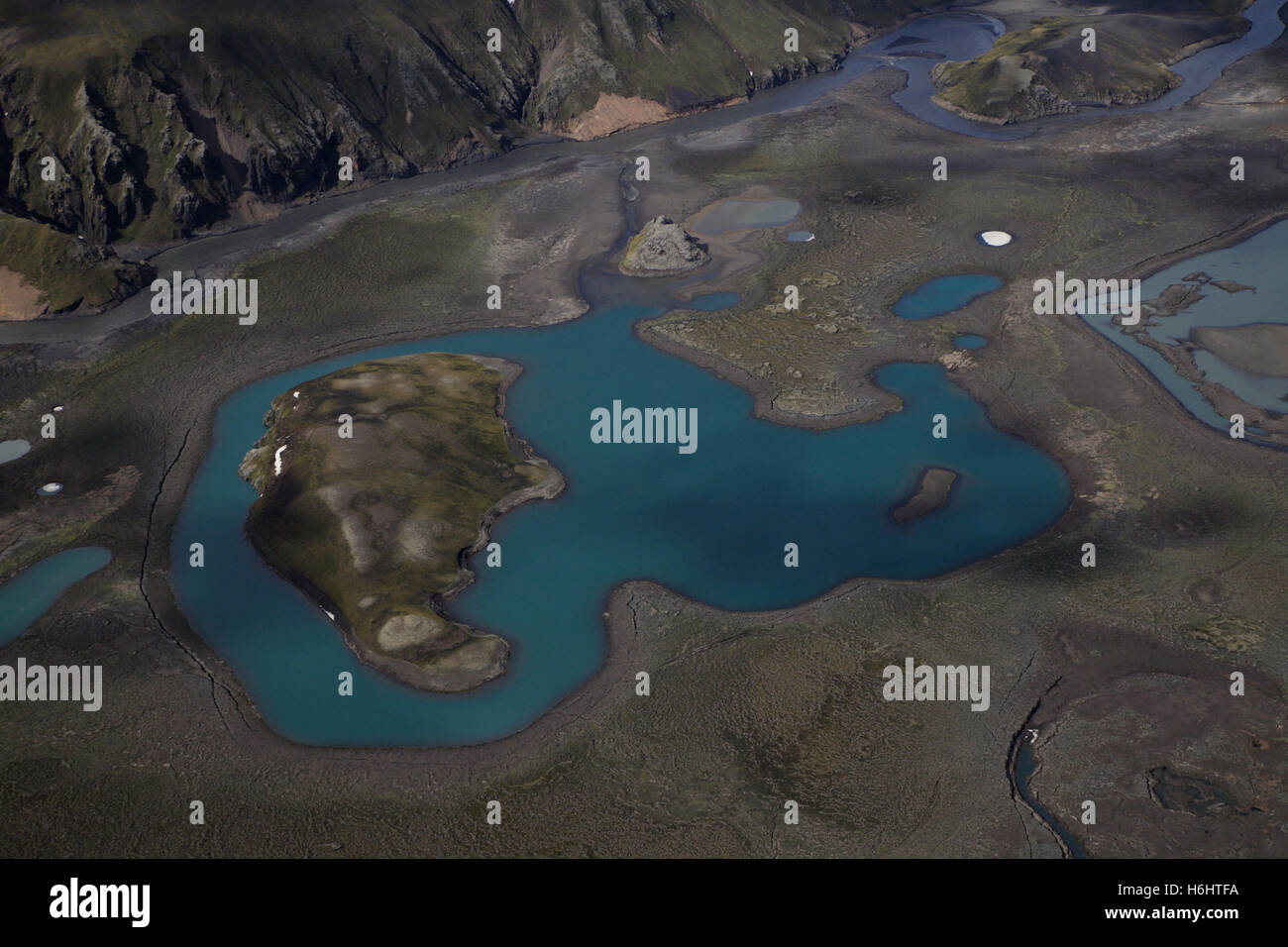 Aerial photo of rivers and lakes, mountain in the highlands of Iceland ...