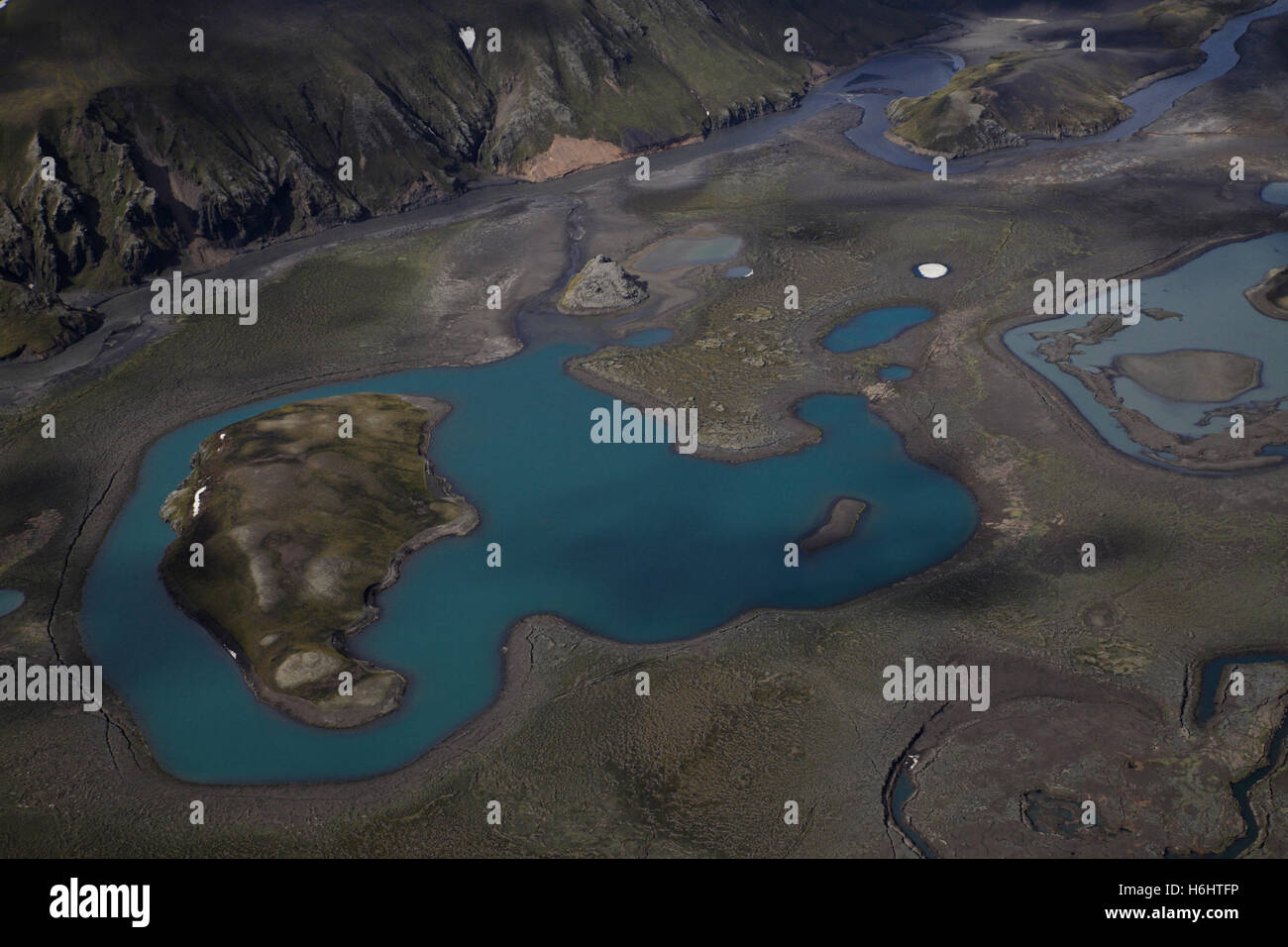 Aerial photo of rivers and lakes, mountain in the highlands of Iceland ...