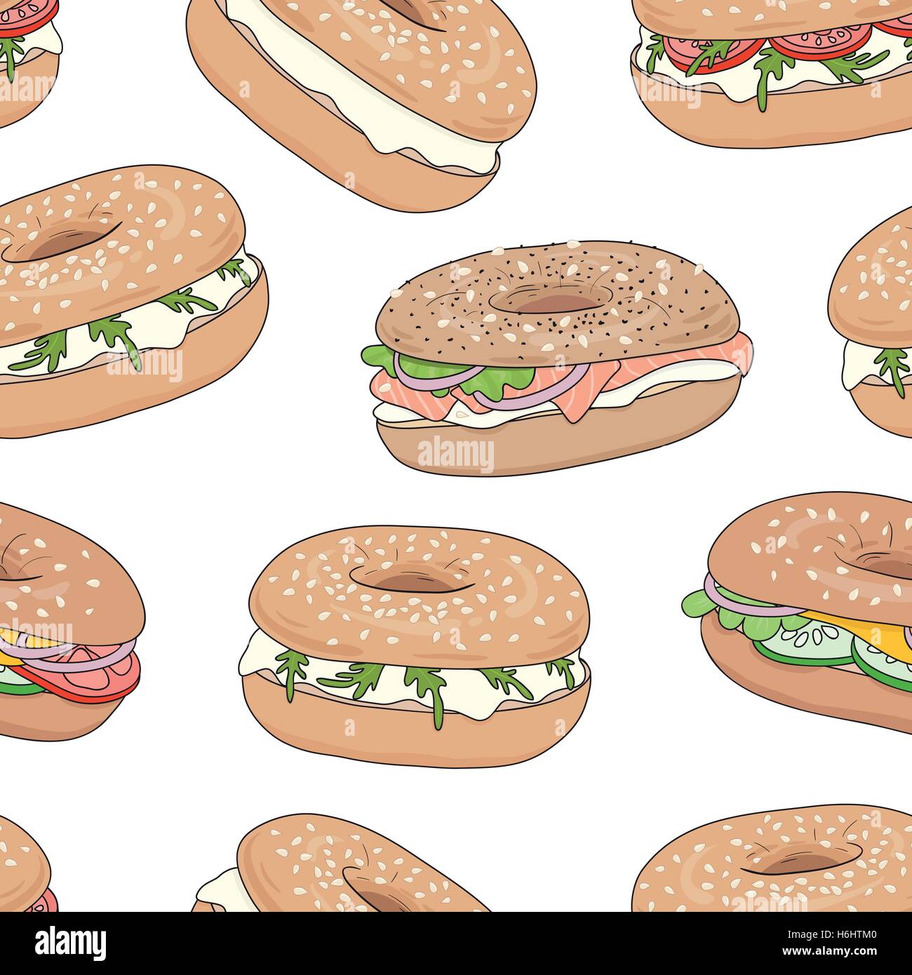 Hand drawn various fresh bagel sandwiches vector seamless pattern ...