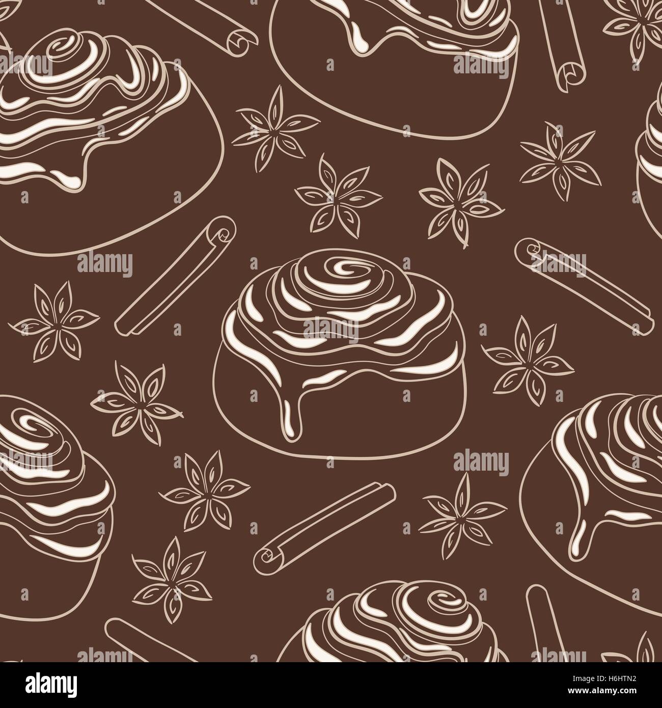 Seamless pattern with cinnamon rolls with frosting and spice. Freshly ...