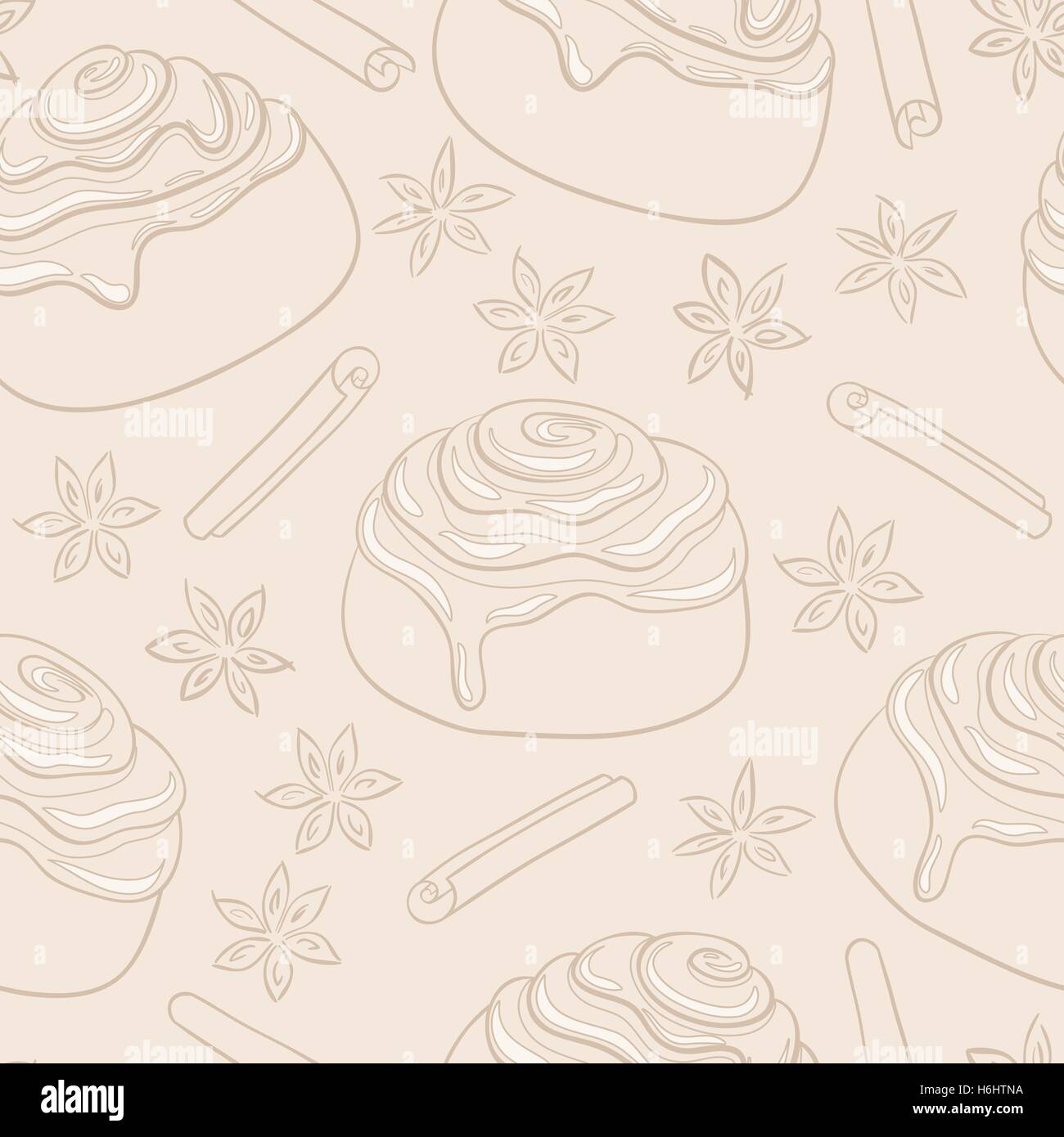Seamless pattern with cinnamon rolls with frosting and spice. Freshly ...
