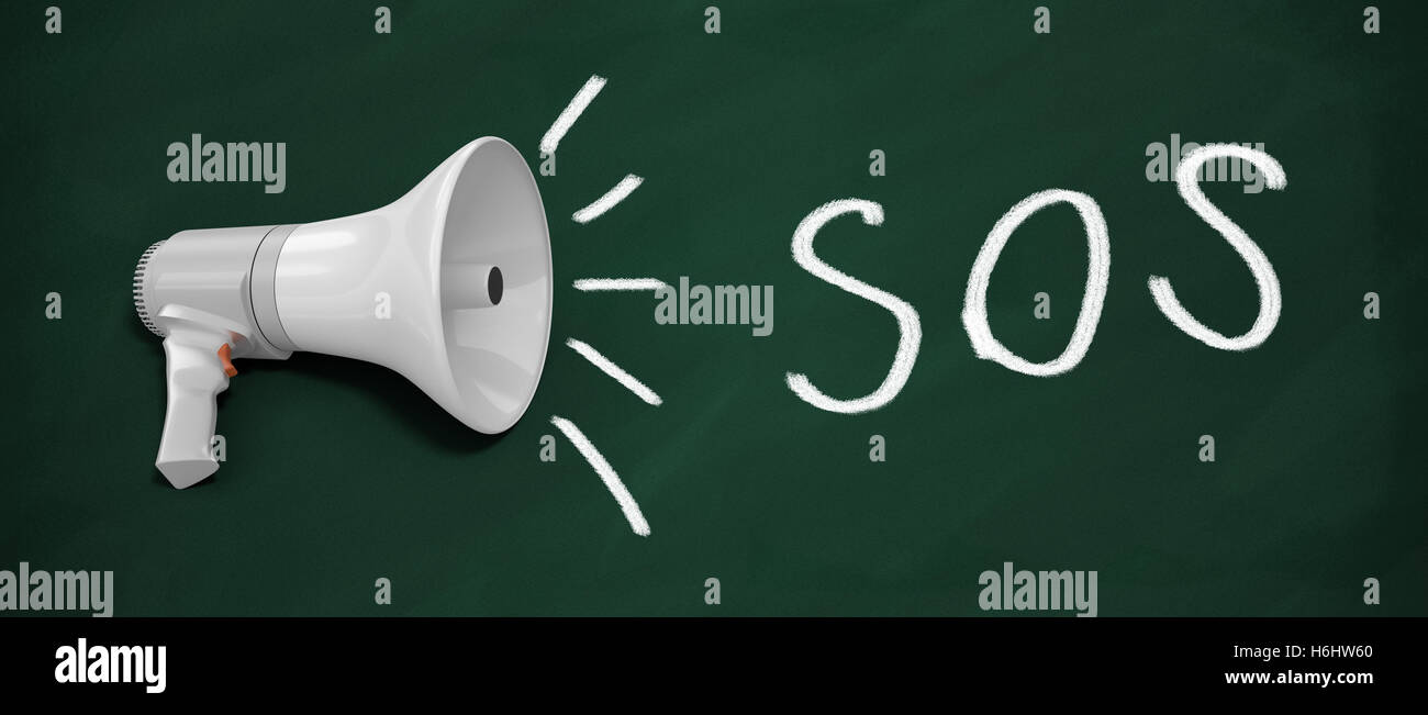 3d renderer megaphone. SOS written on blackboard with Megaphone Stock ...
