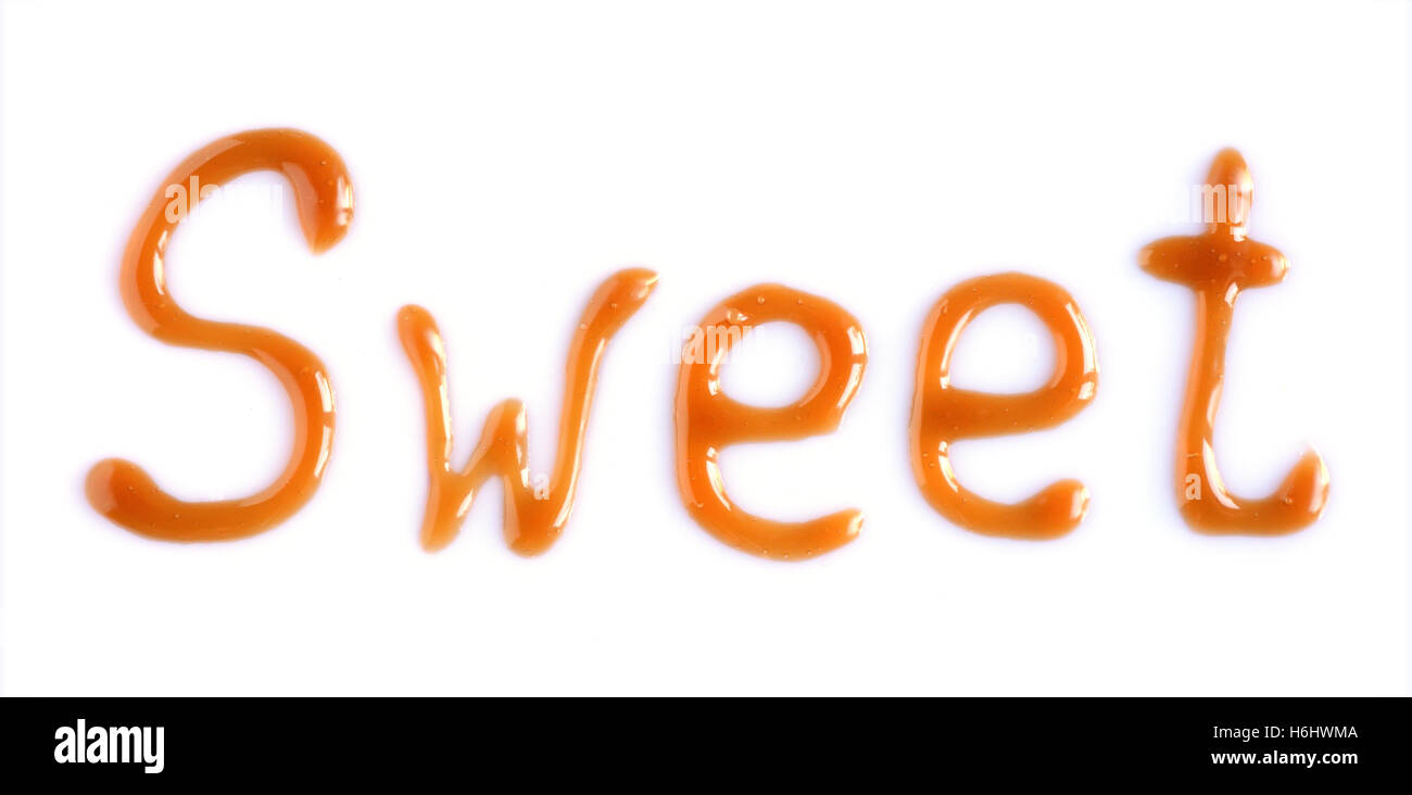 Word "sweet" written by caramel isolated on a white background Stock ...