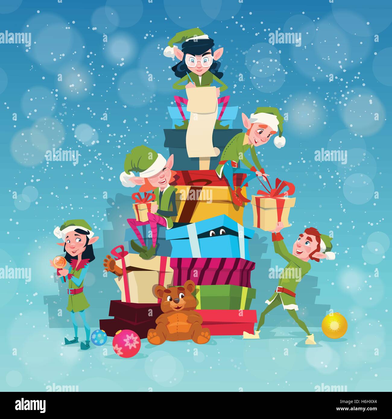 Christmas Elf Group Cartoon Character Santa Helper With Present Box ...