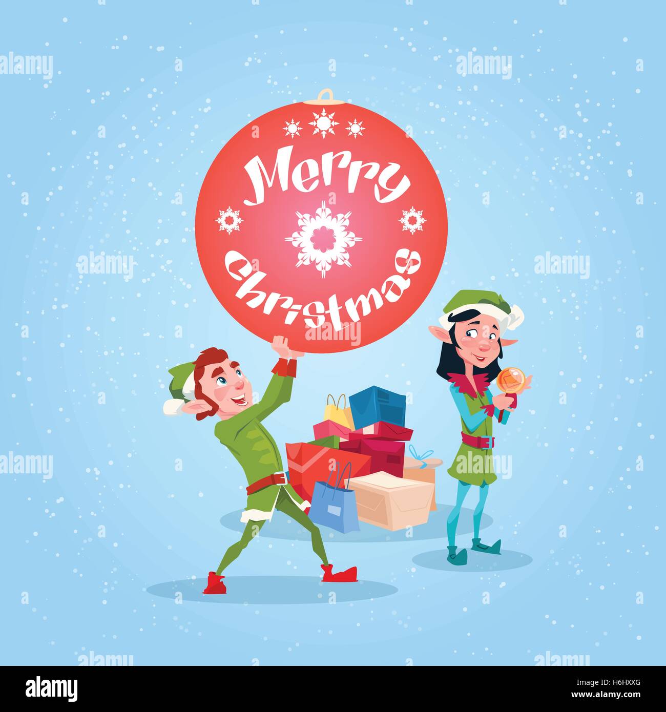 Christmas Elf Group Cartoon Character Santa Helper Hold New Year ...