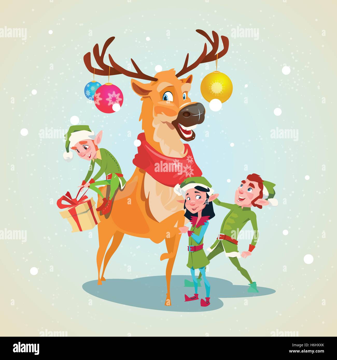 Christmas Elf Group Reindeer Cartoon Character Santa Helper With ...