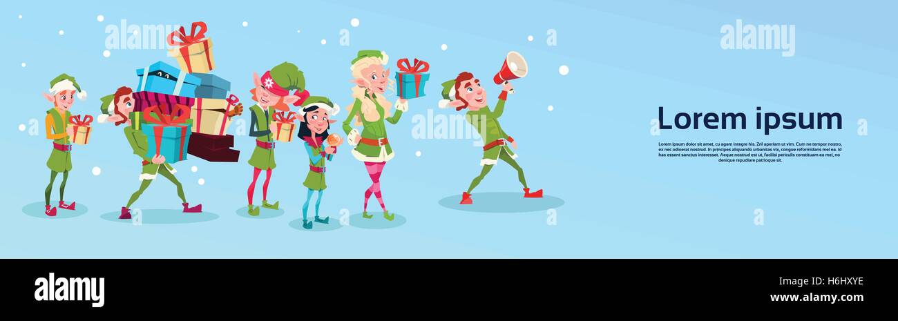 Christmas Elf Group Cartoon Character Santa Helper With Present Box ...