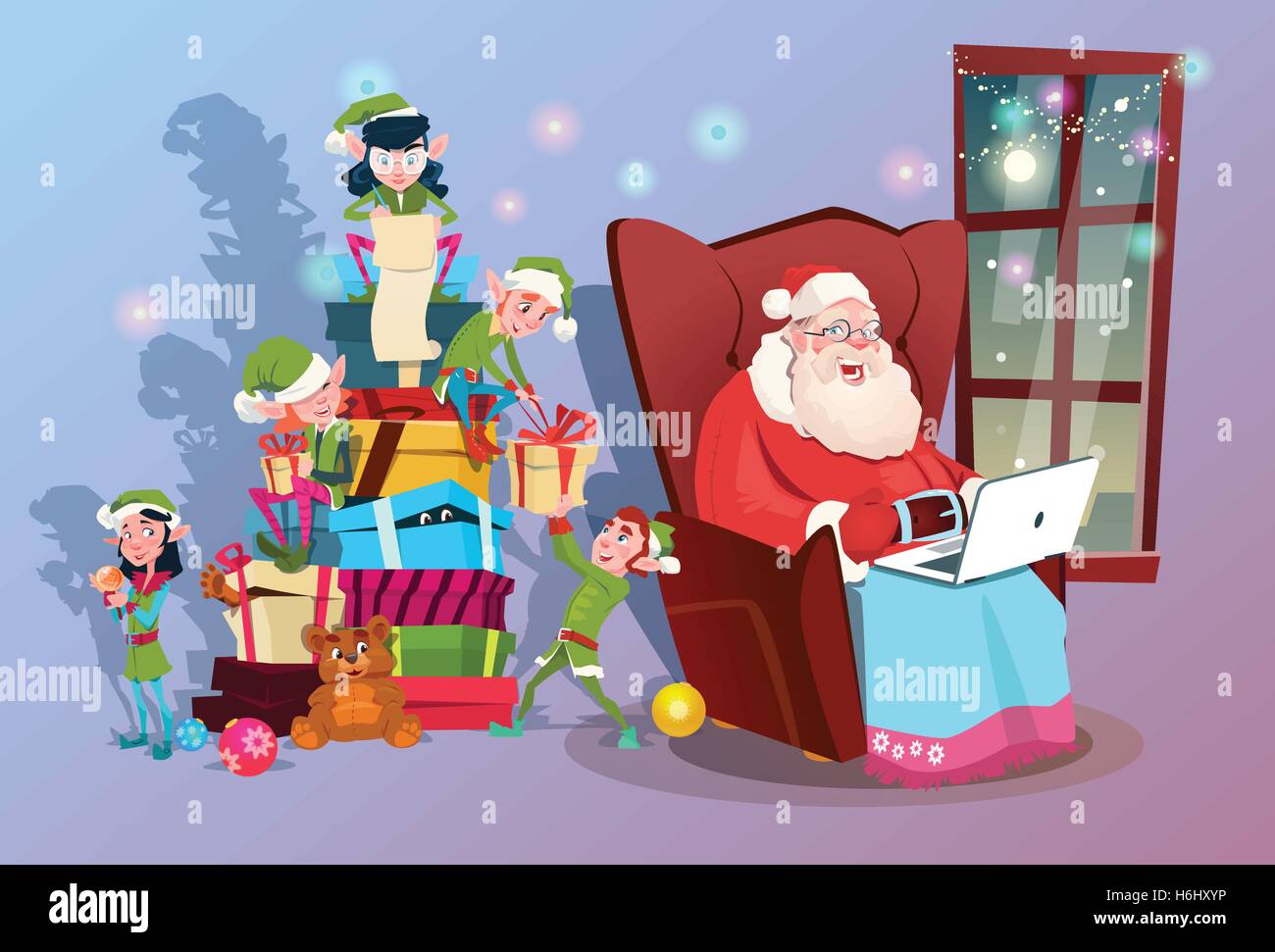 Santa Claus Using Laptop Green Elf Helper Group With Present Happy New ...