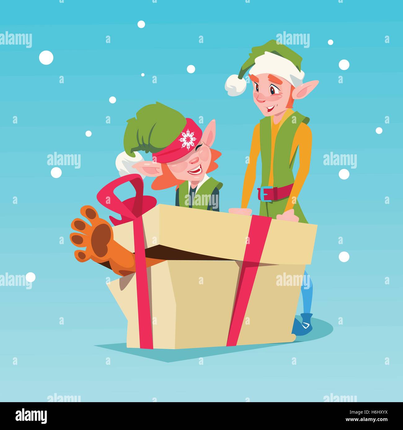 Christmas Elf Group Cartoon Character Santa Helper With Big Present Box ...