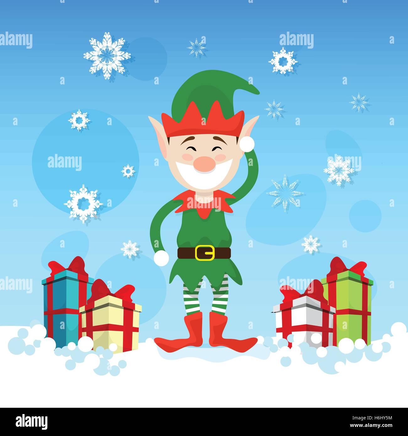 Smiling Christmas Elf With Holiday Present Boxes Happy New Year ...