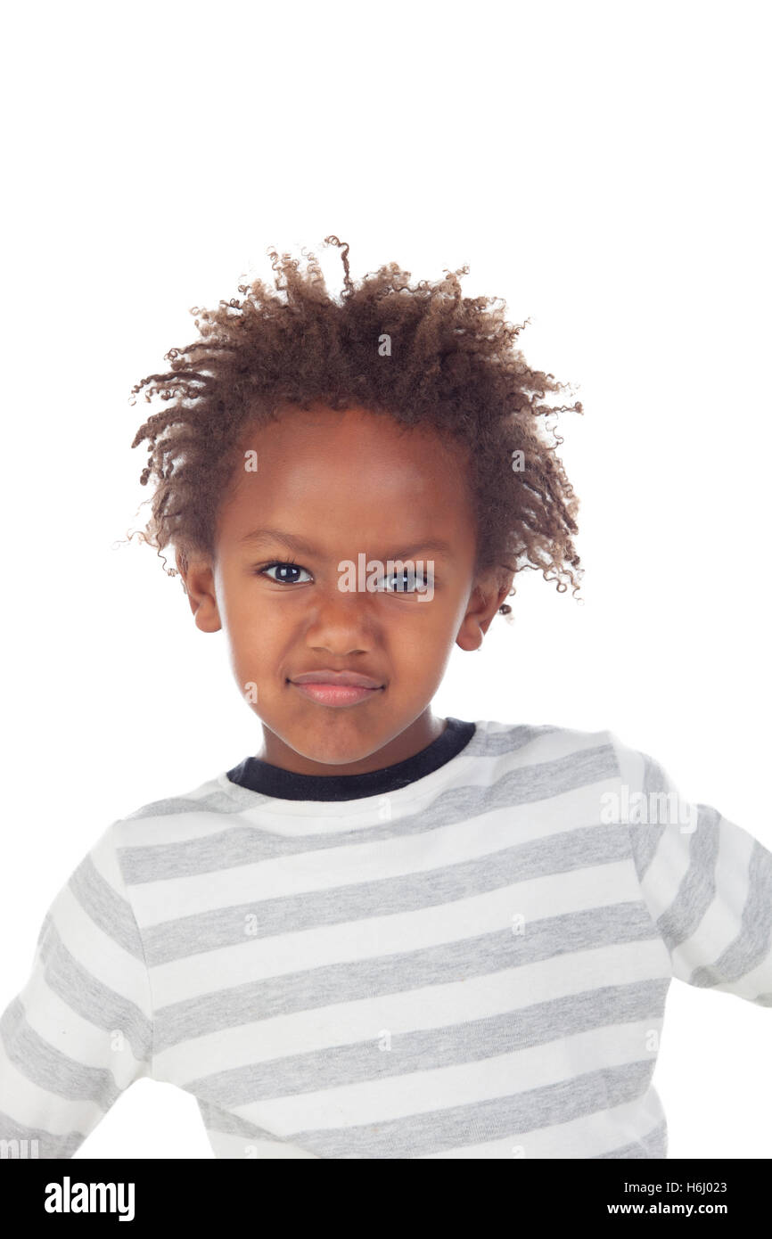African child putting mean face isolated on white background Stock ...