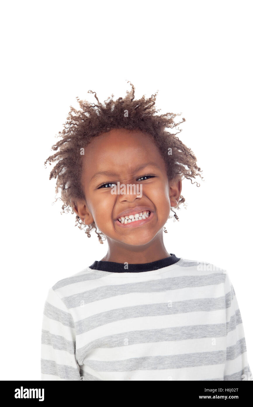 African child putting mean face isolated on white background Stock ...