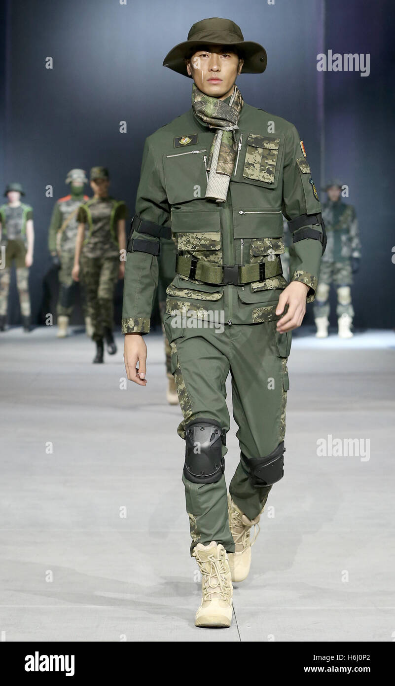 Beijing, China. 28th Oct, 2016. A model presents a safety protection ...