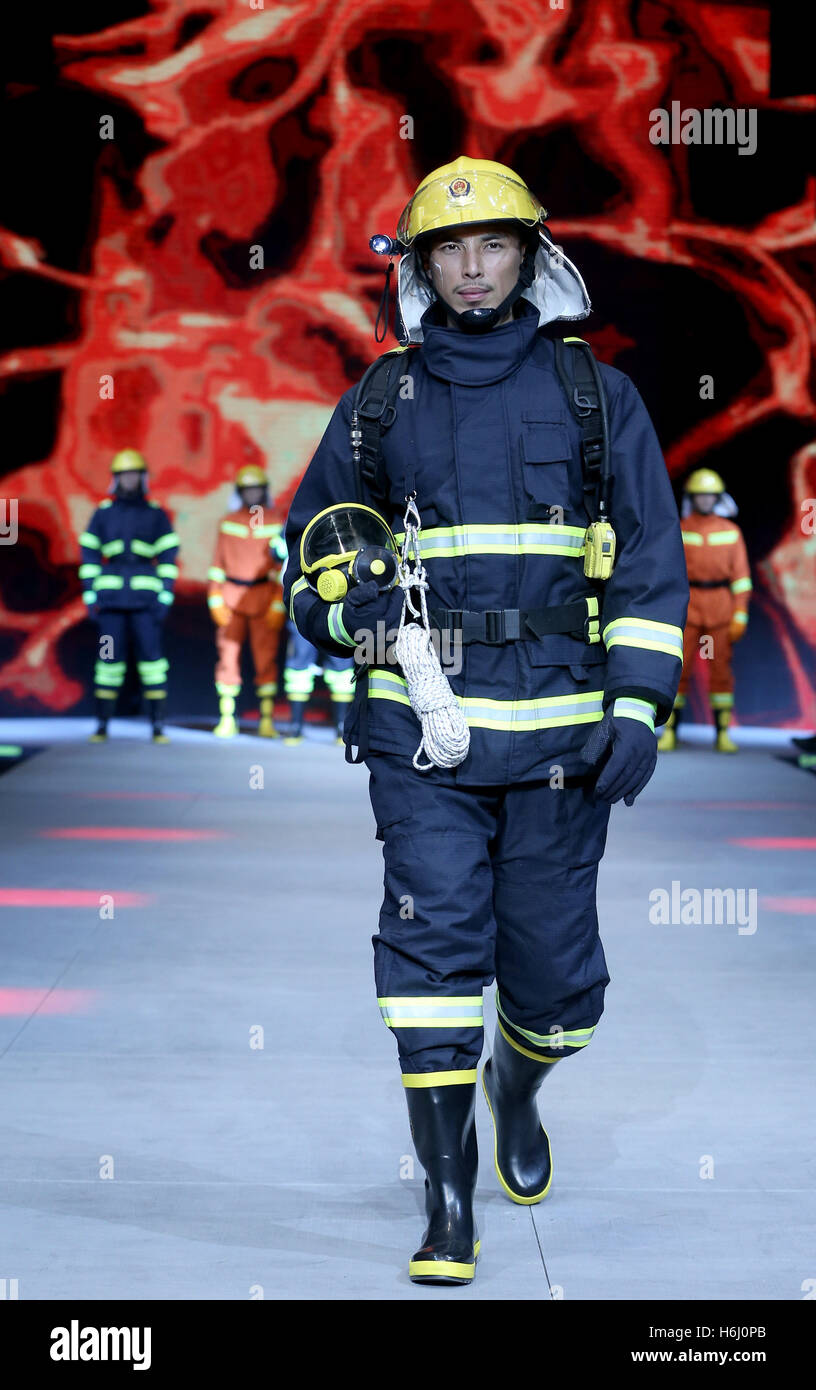 Beijing, China. 28th Oct, 2016. A model presents a safety protection ...