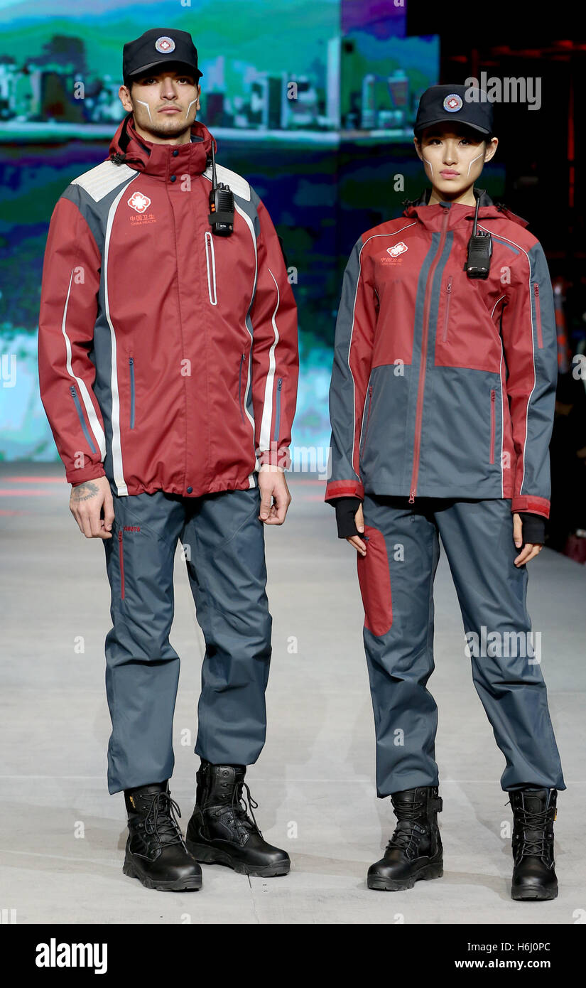 Beijing, China. 28th Oct, 2016. Models present safety protection ...