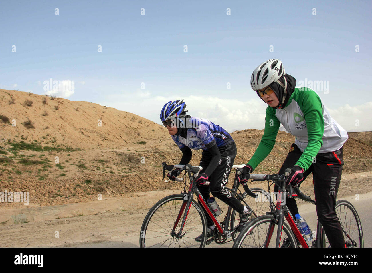 Kabul, Afghanistan. 06th May, 2016. Two women on the road bike team ...