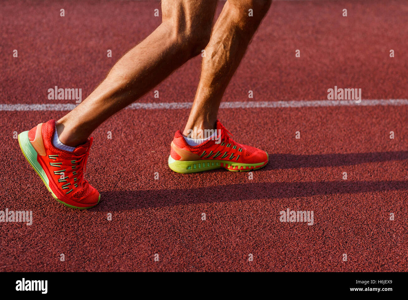 Muscular legs of man in sneakers on running track Stock Photo - Alamy