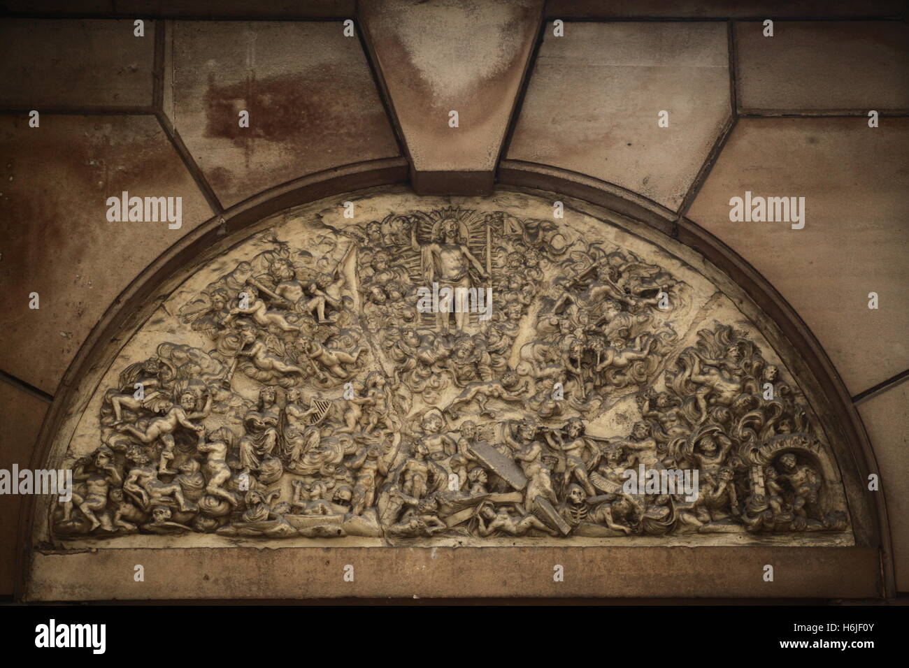 Stone relief of the Resurrection Gate outside the St Giles-in-the ...