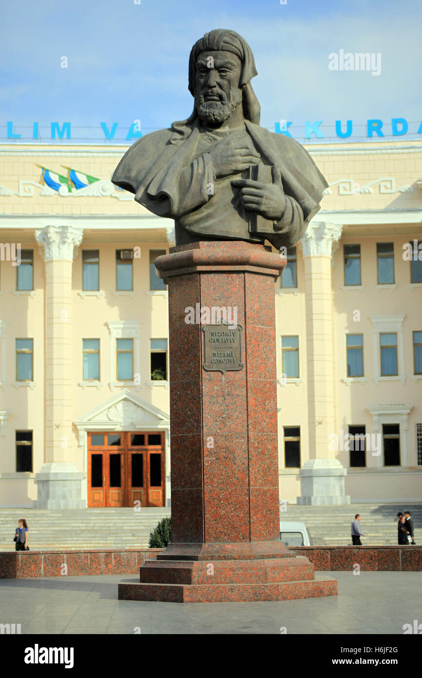 Statue of Nizami Ganjavi, a 12th-century poet in front of the Tashkent ...