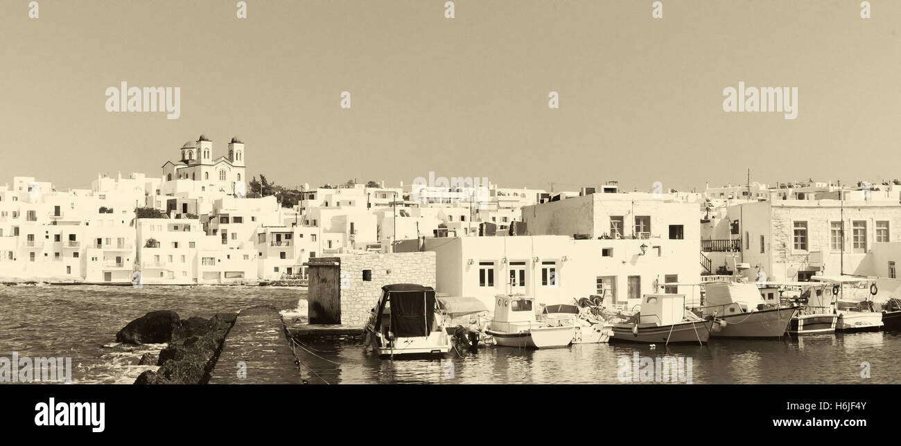 Graphic Naoussa's port at Paros island in Greece in old retro colors. A ...