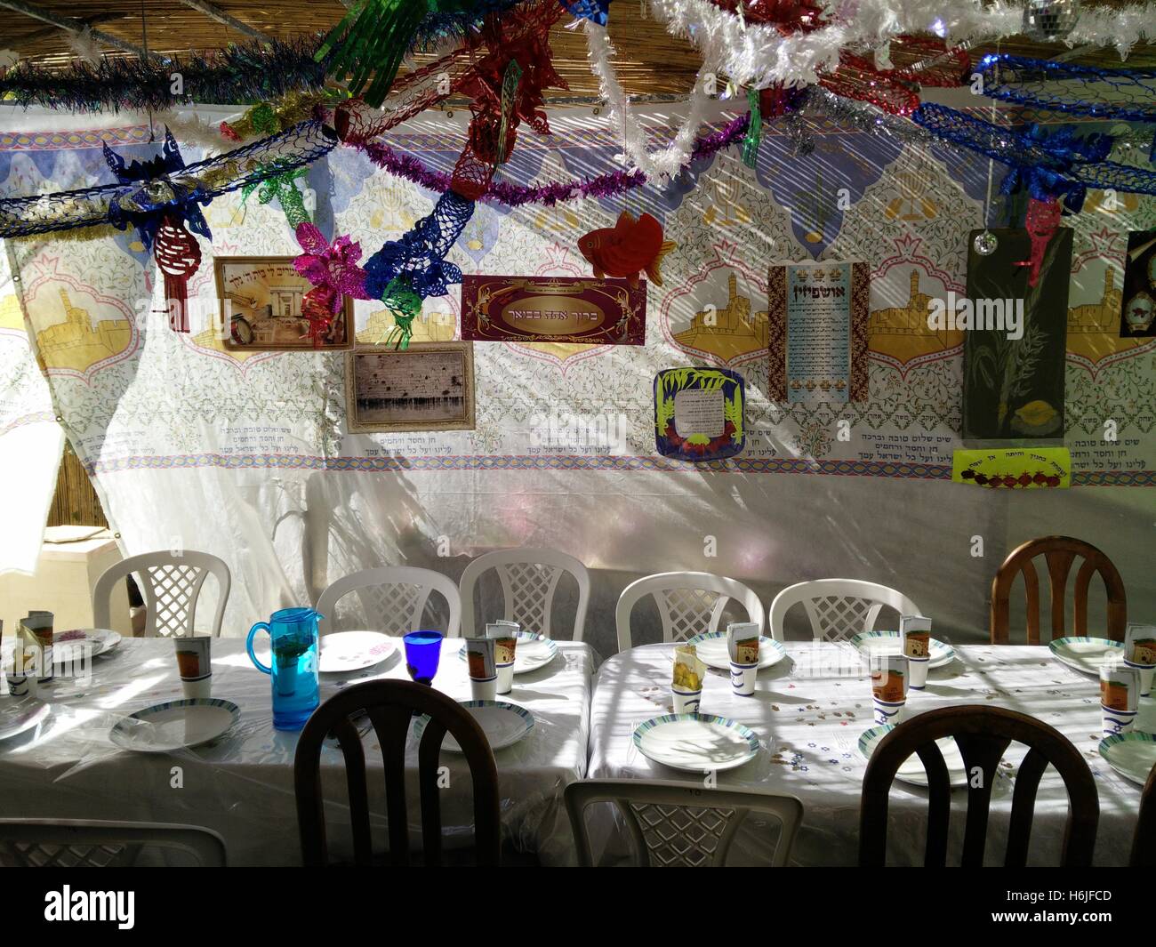 Interior of a decorated Sukkah erected for the Jewish Holiday od ...