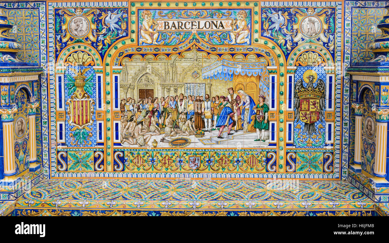 Tiled bench dedicated to Barcelona Plaza de Espana Seville Andalusia ...