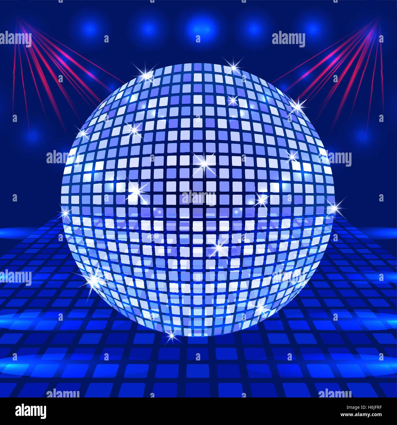 Disco ball in blue tones on a background with rays of light vector ...