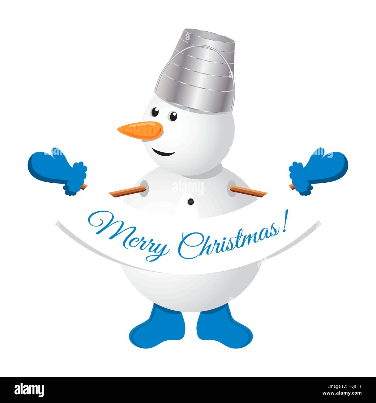 Cute snowman with with metal bucket on his head and a paper banner and ...