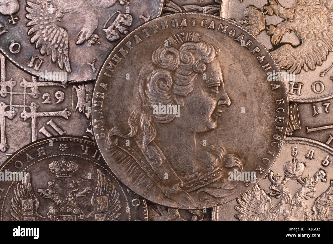 Vintage background silver coin Russian ruble in 1730 Empress Anna ...