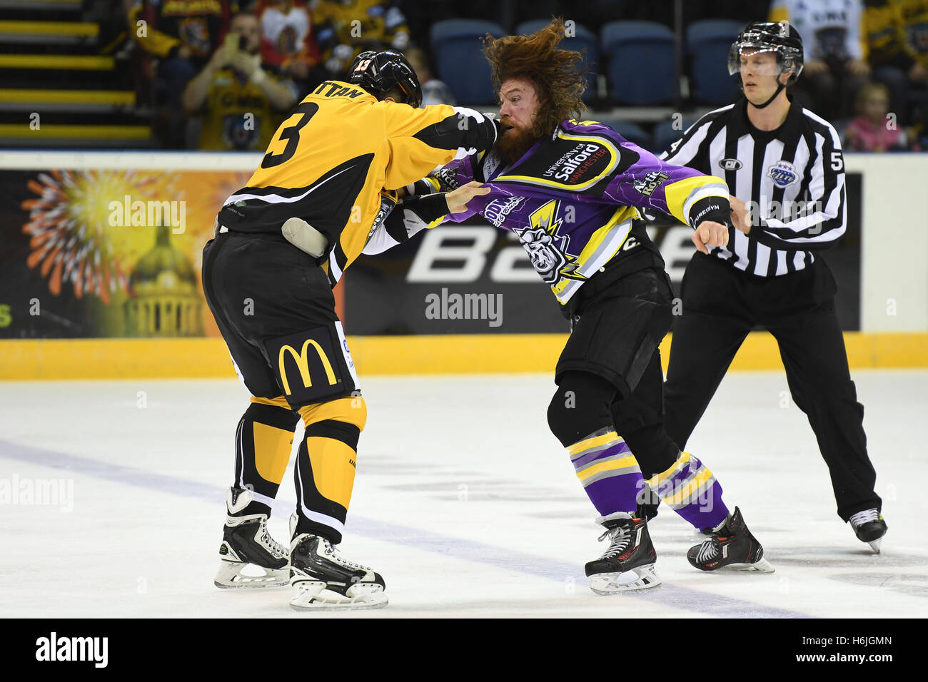 Brian Mcgrattan fights Eric Neilson during the Nottingham Panthers v ...