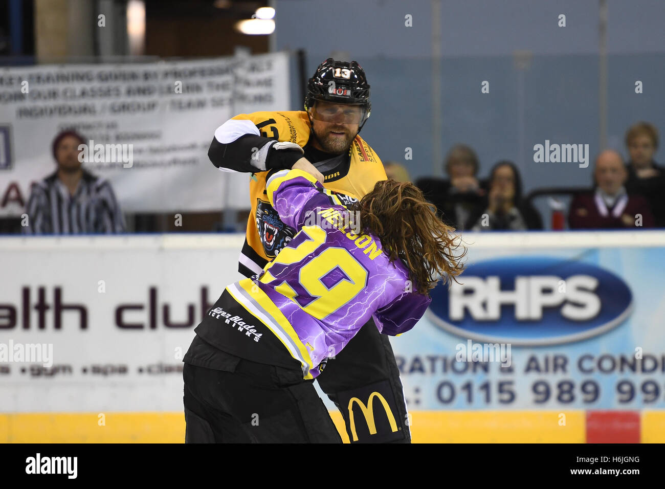 Brian Mcgrattan fights Eric Neilson during the Nottingham Panthers v ...