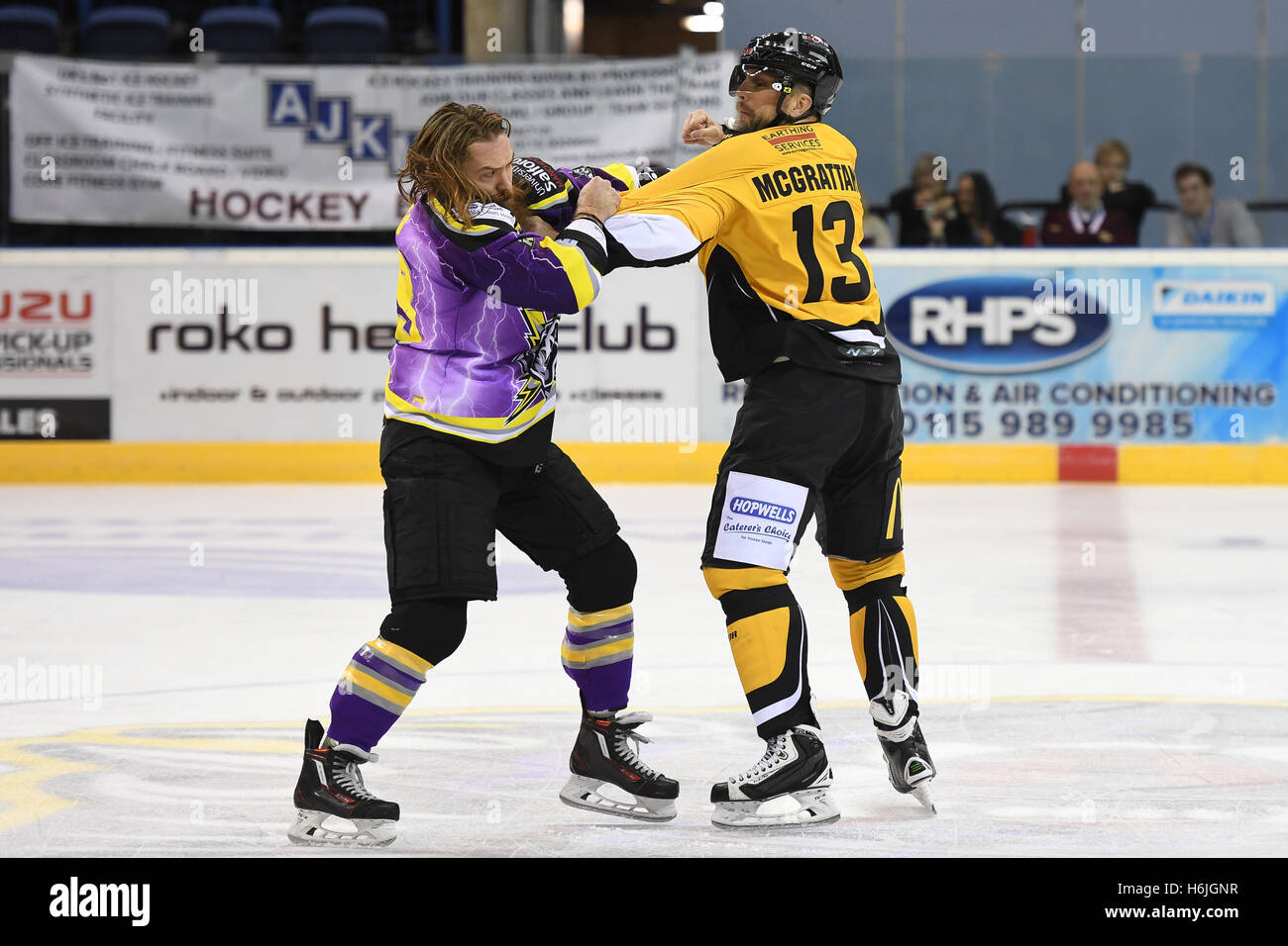 Brian Mcgrattan fights Eric Neilson during the Nottingham Panthers v ...
