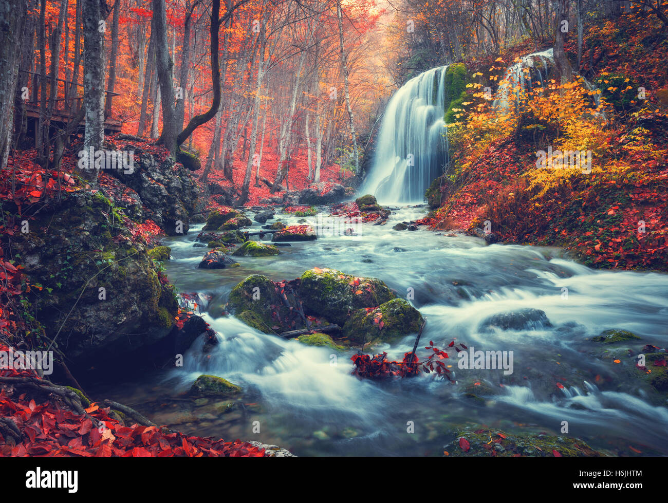Autumn forest with waterfall at mountain river at sunset. Colorful ...