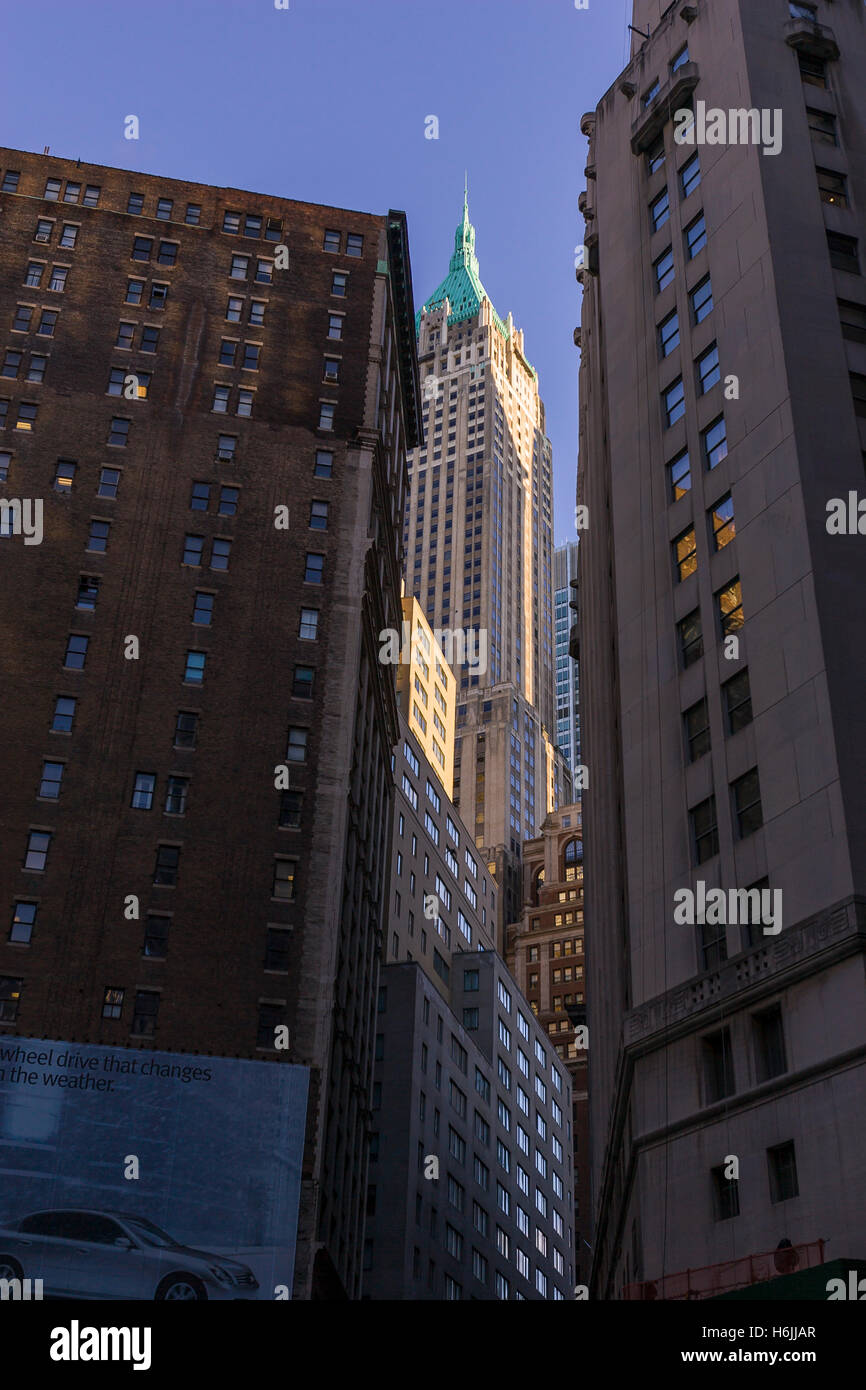 NEW YORK, NEW YORK, USA - tall buildings and narrow streets in lower ...
