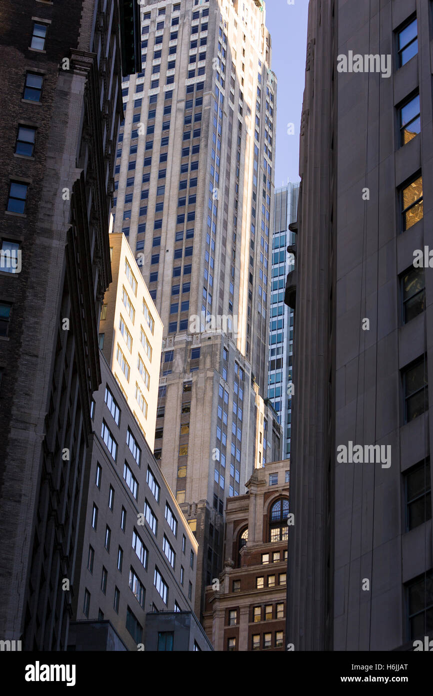 NEW YORK, NEW YORK, USA - tall buildings and narrow streets in lower ...