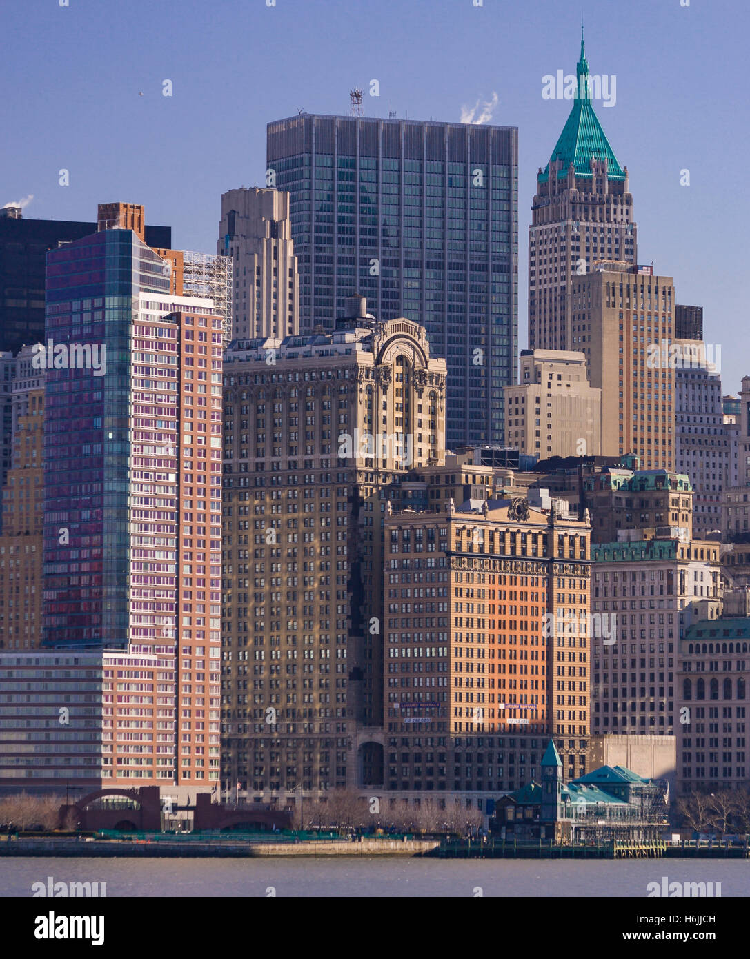 NEW YORK, NEW YORK, USA - skyline of southern Manhattan and Battery ...