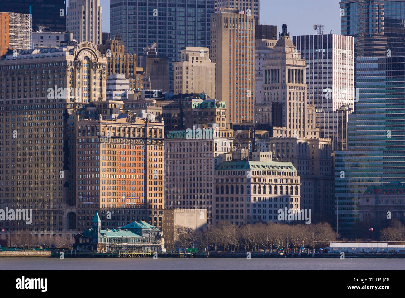 NEW YORK, NEW YORK, USA - skyline of southern Manhattan and Battery ...