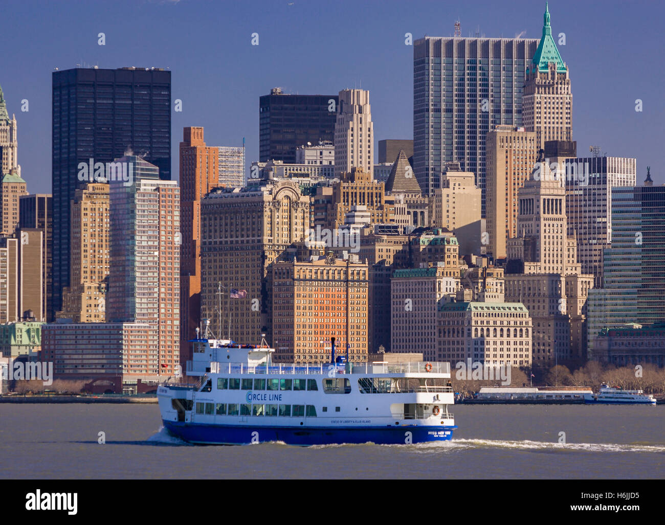 NEW YORK, NEW YORK, USA - skyline of southern Manhattan near Battery ...