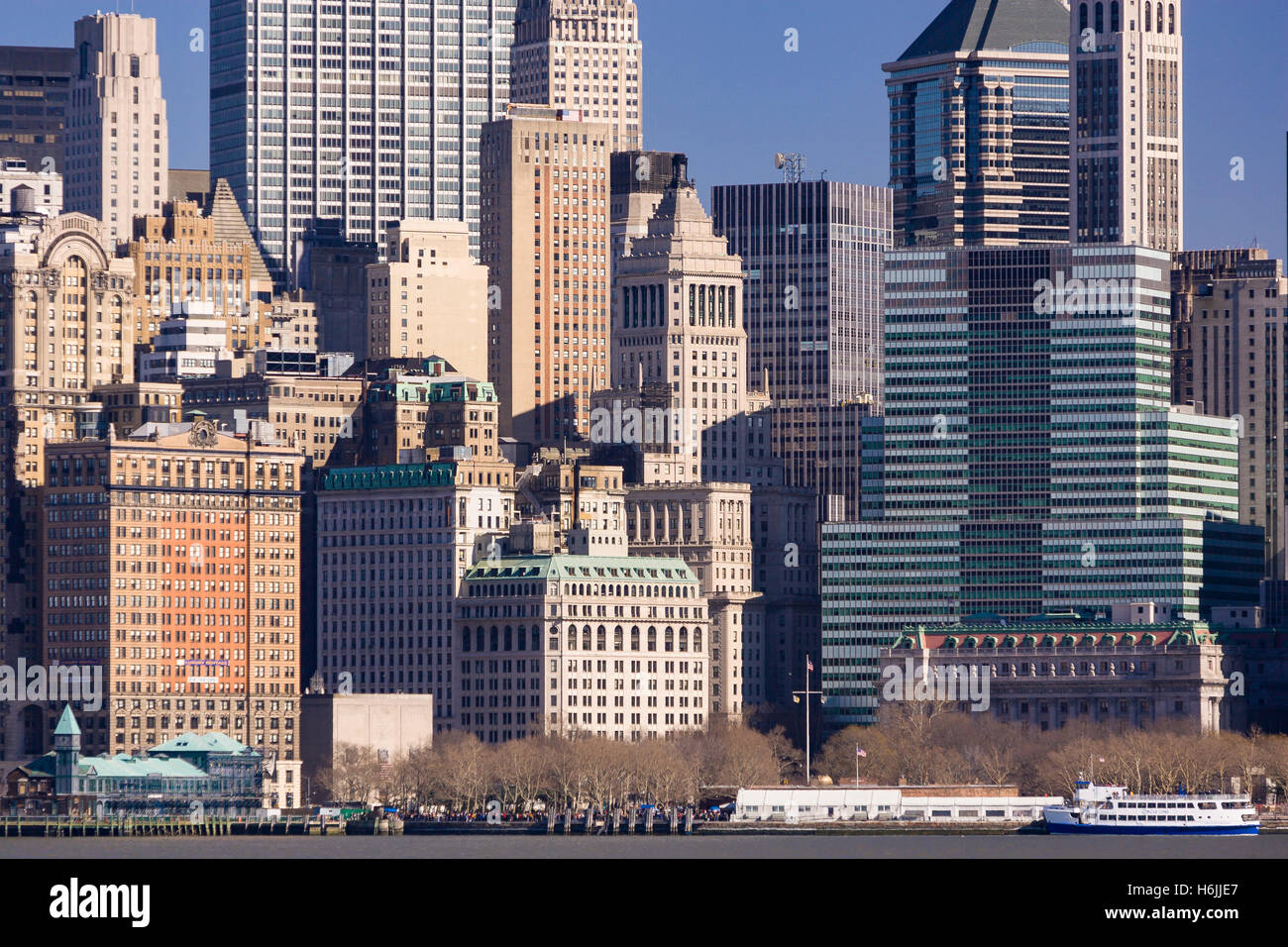 NEW YORK, NEW YORK, USA - skyline of southern Manhattan and Battery ...