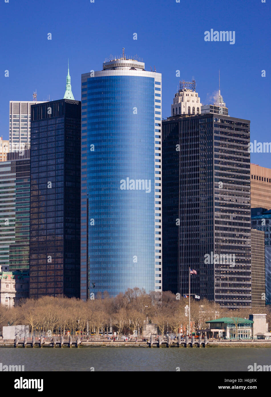 NEW YORK, NEW YORK, USA - skyline of southern Manhattan and Battery ...