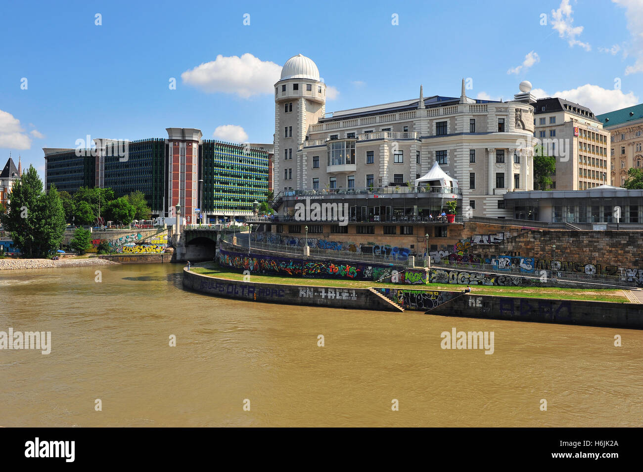 VIENNA, AUSTRIA - JUNE 6: View of the riverside of Vienna city on June ...